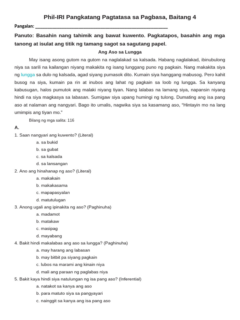 PHIL-IRI FILES Fil and English | PDF