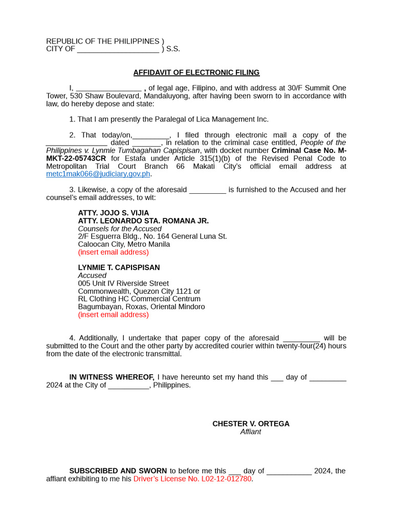 Affidavit of Electronic Filing_template | PDF