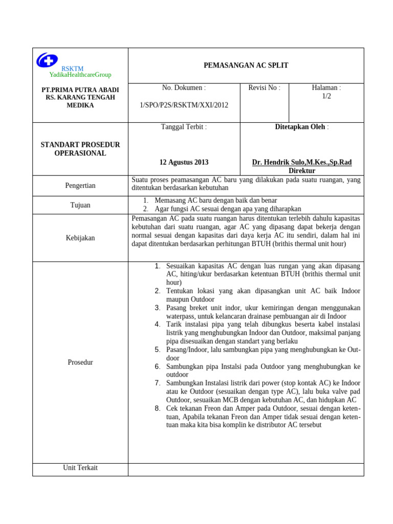 SOP Pemasangan AC Split RSKTM | PDF