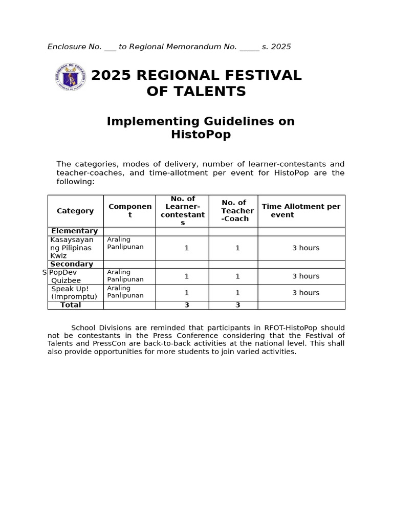 HistoPop Regional Contest Guidelines | PDF | Communication | Multiple ...