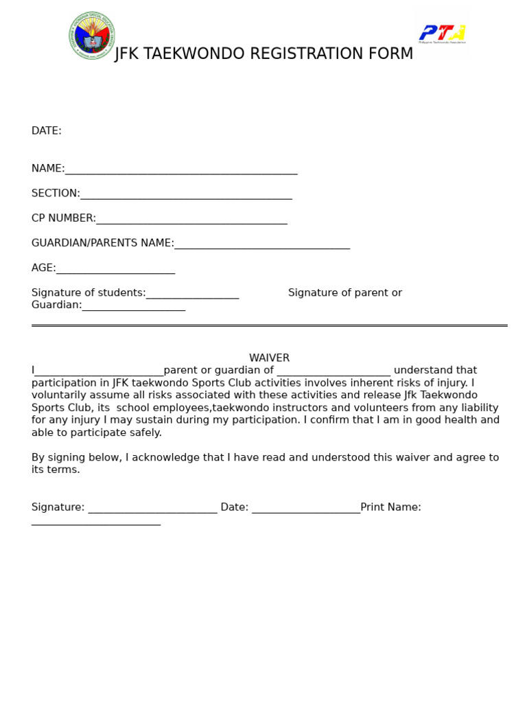 JFK Taekwondo Registration Form | PDF