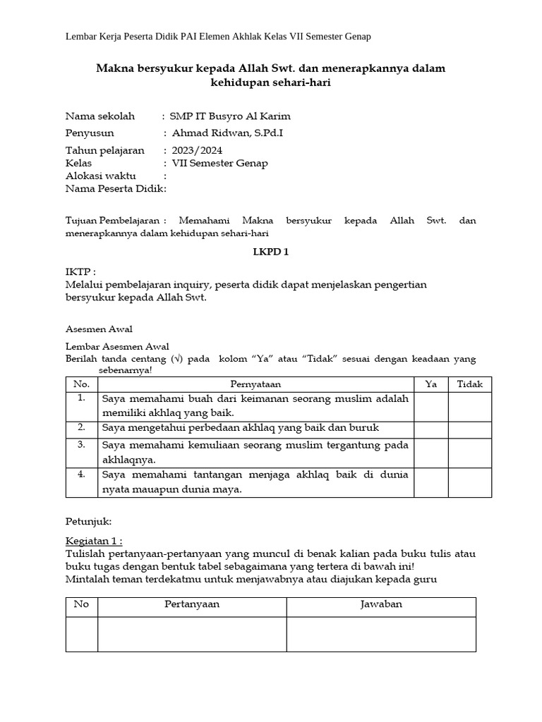 LKPD Bersyukur Kepada Allah SWT | PDF