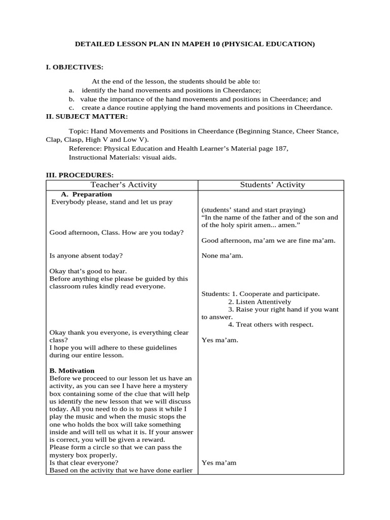 Cheerdance Hand Movements Lesson Plan | PDF | Cheerleading | Dances