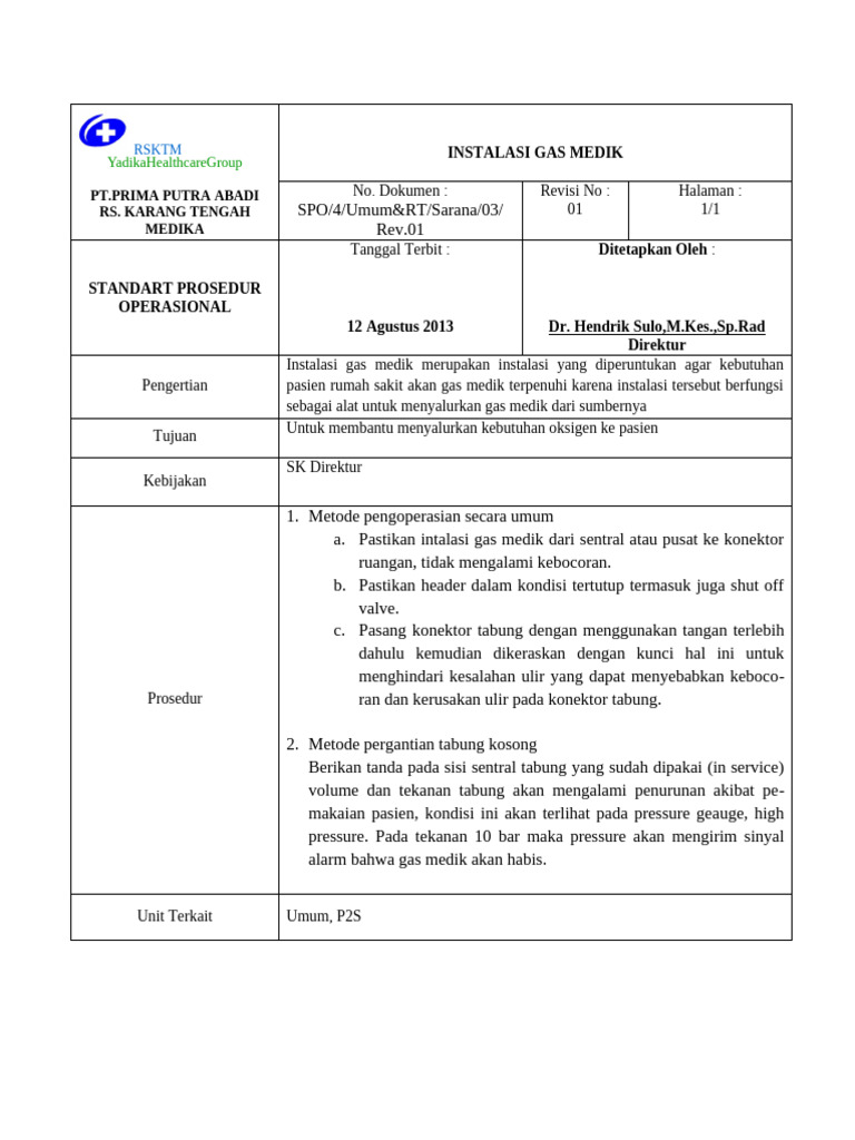 Sop Instalasi Gas Medik | PDF