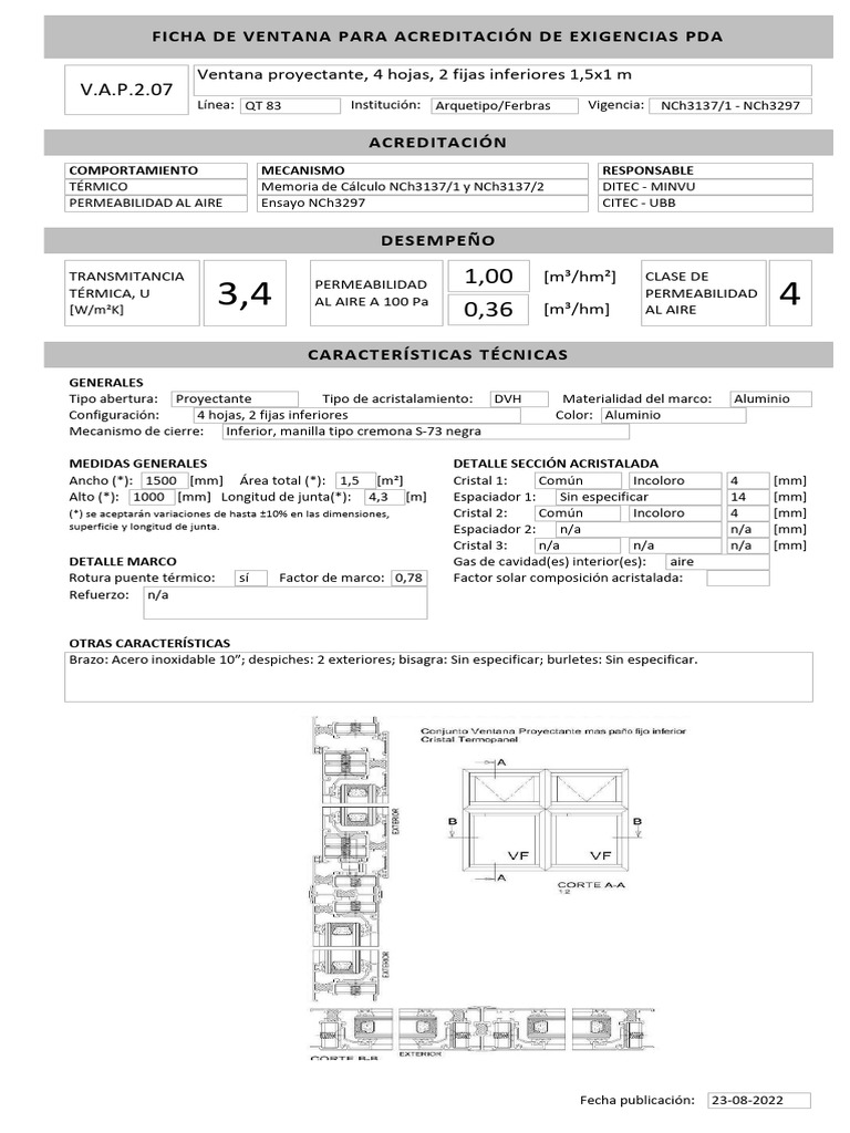 Ventana Proyectante, 4 Hojas, 2 Fijas Inferiores 1,5x1 M: Ficha de Ventana para Acreditación de ...