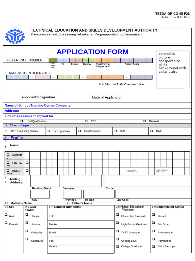 TESDA Assessment Application Form | PDF
