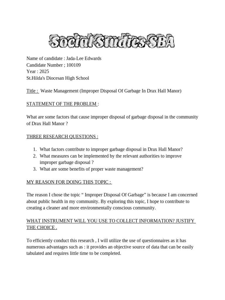 Jada-Lee Edwards GRADE 10A SOCIAL STUDIES SBA | PDF | Municipal Solid Waste | Waste Management
