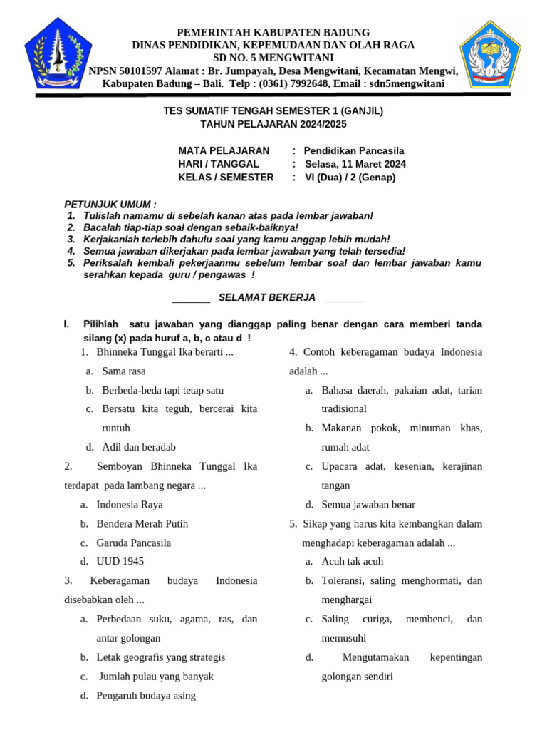 Soal STS Semester 2 Pendidikan Pancasila Kelas 6 | PDF