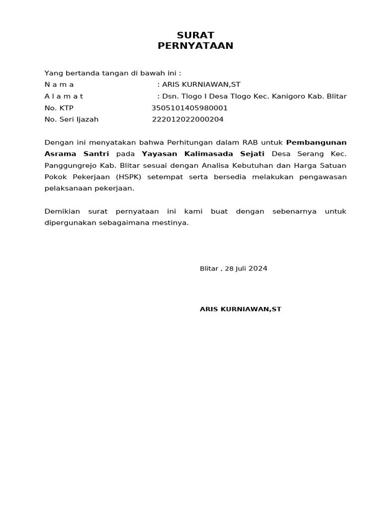 Surat Pernyataan Pondok | PDF