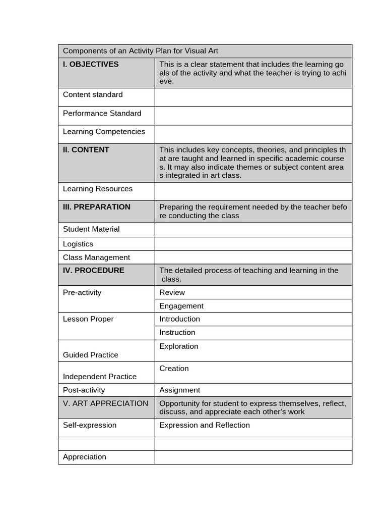 Visual Art Activity Plan Components | PDF