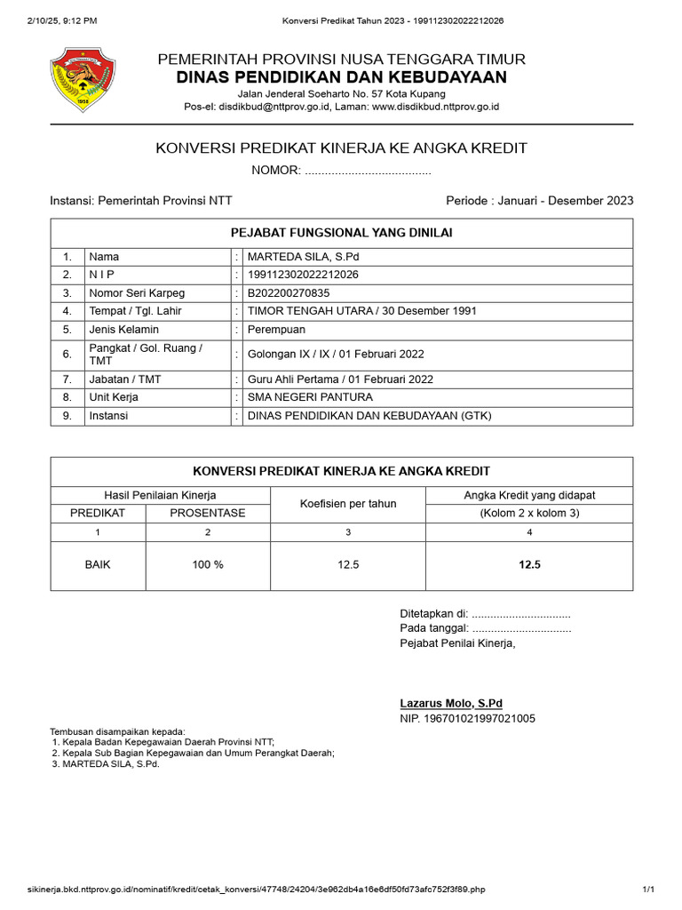 Konversi Predikat Tahun 2023 - 199112302022212026 | PDF