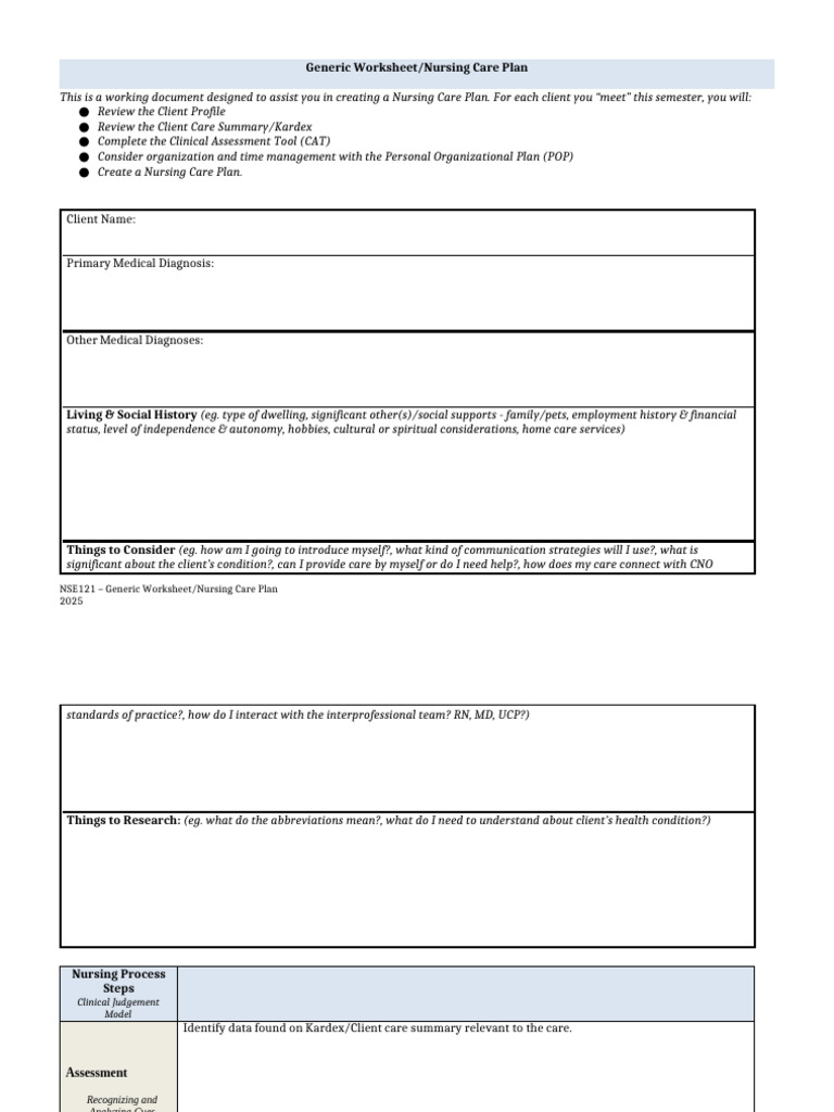 Generic Worksheet - Nursing Care Plan | PDF | Nursing | Health Care