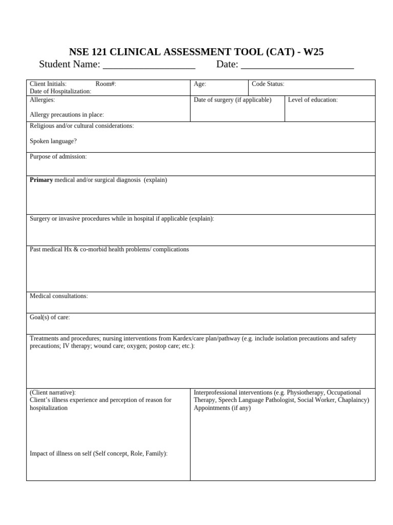 NSE 121 Clinical Assessment Tool - Final W25 | PDF | Surgery | Hospital