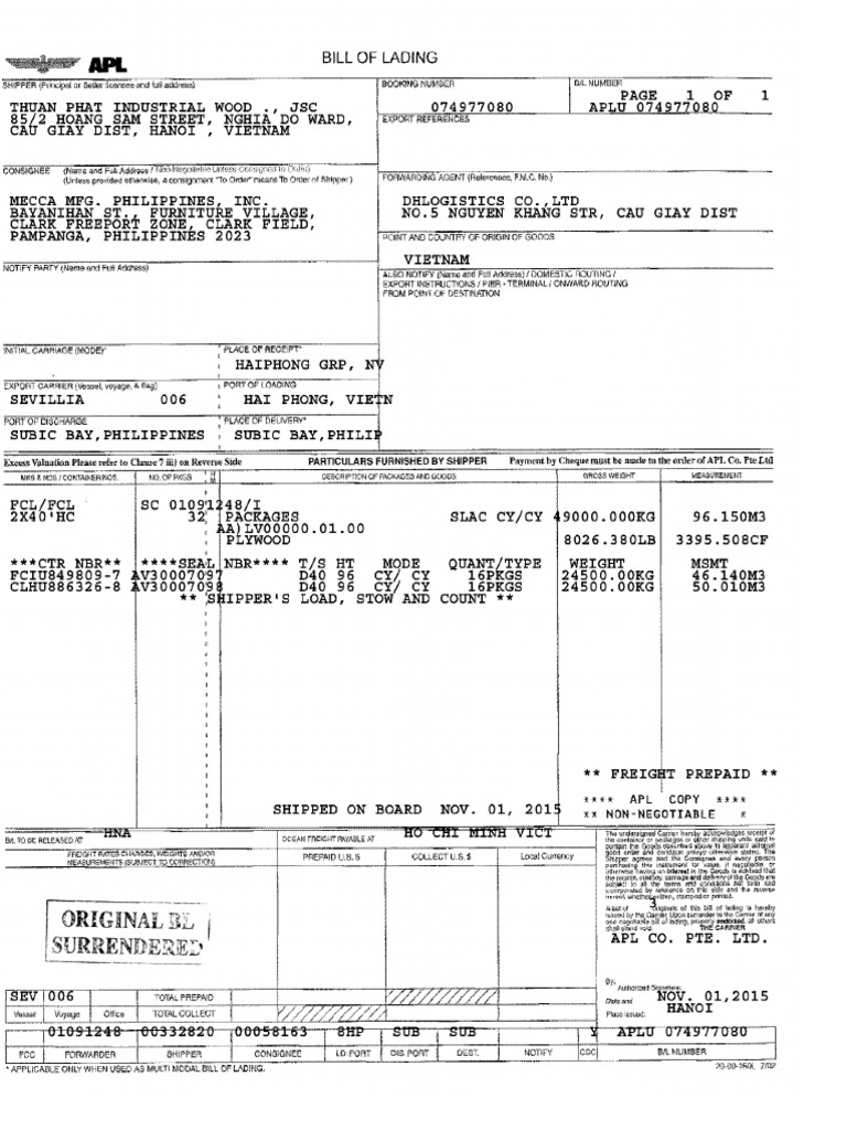 Bill of Lading for Fujikin Shipment | PDF | Bill Of Lading | Cargo