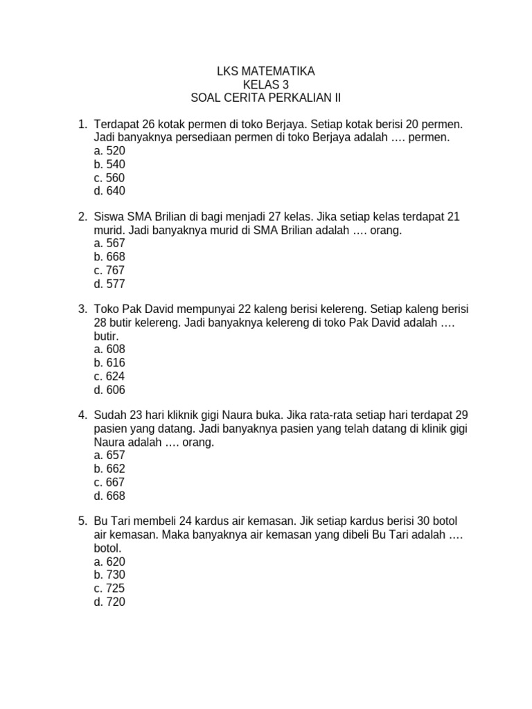 Soal Cerita Perkalian Kelas 3 SD | PDF