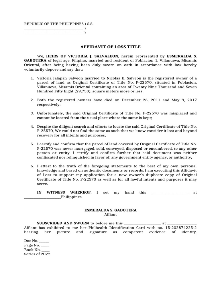 Affidavit of Loss for Land Title P-22570 | PDF | Affidavit | Evidence