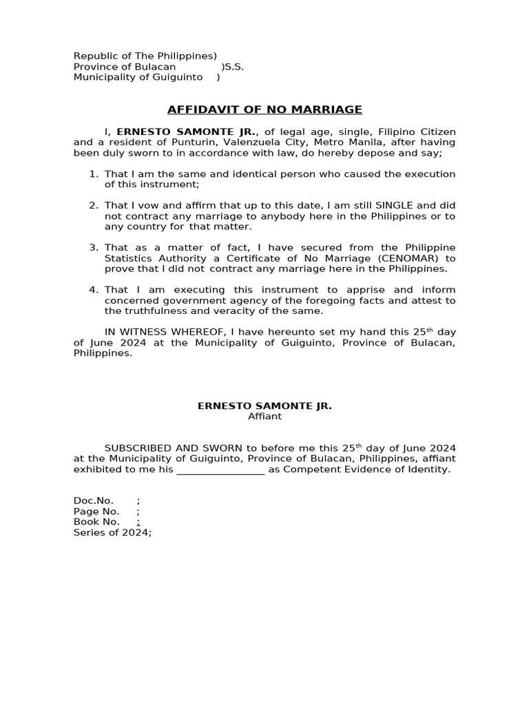 affidavit-of-no-marriage-estong samonte | PDF