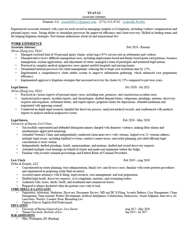 2025 YUAN LI Resume | PDF | Discovery (Law) | Justice