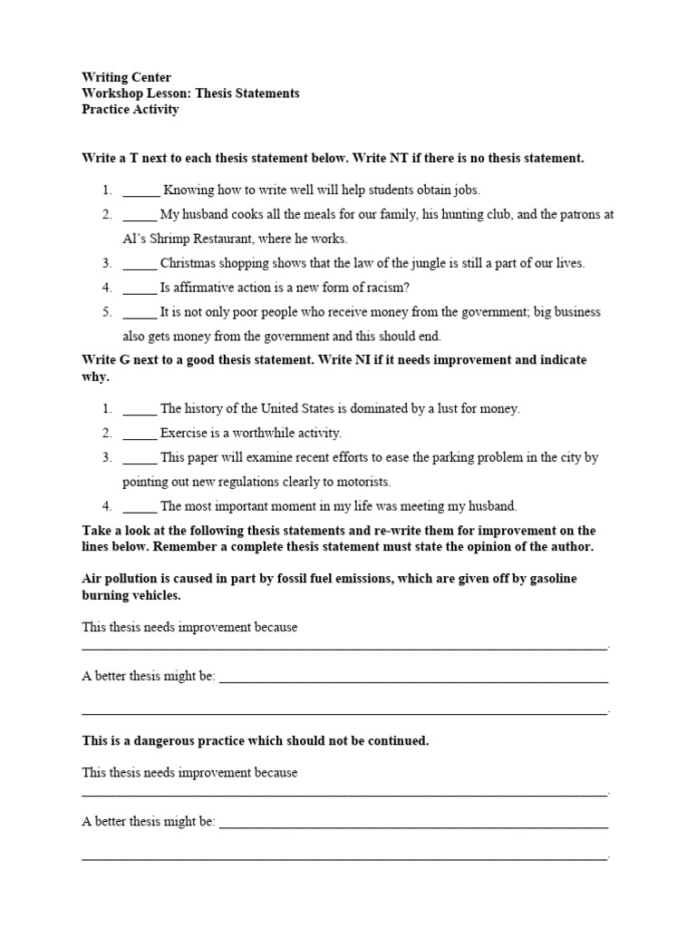 Workshop Thesis Statements - LessonHandout 4 | PDF