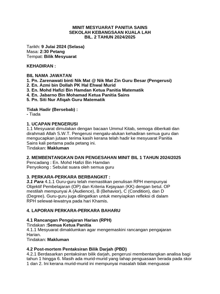 Minit Mesyuarat Panitia Sains 2 | PDF