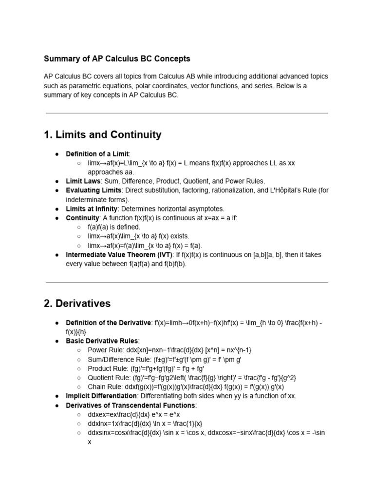 AP Calculus BC Concept Review | PDF | Integral | Calculus