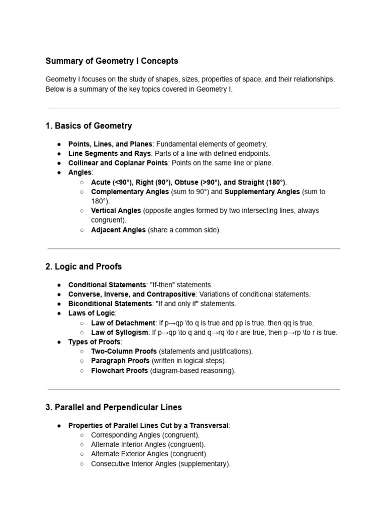 Geometry I Concepts Overview | PDF | Circle | Euclidean Plane Geometry