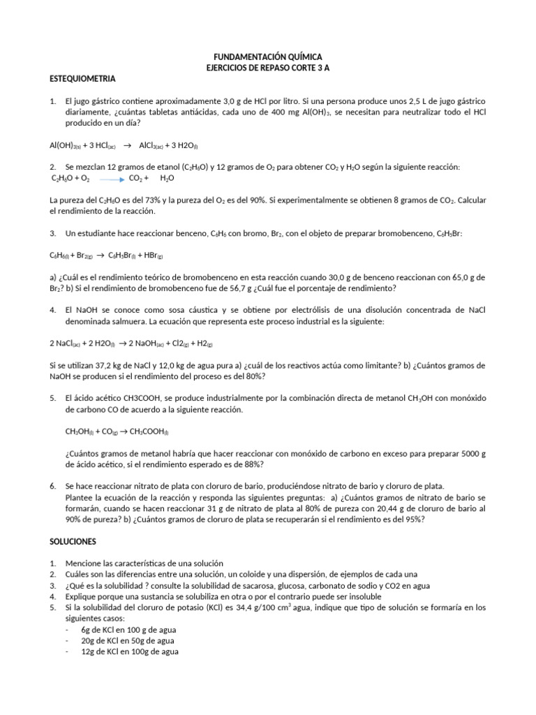 Ejercicios de Repaso Corte 3A | PDF | Concentración | Solubilidad