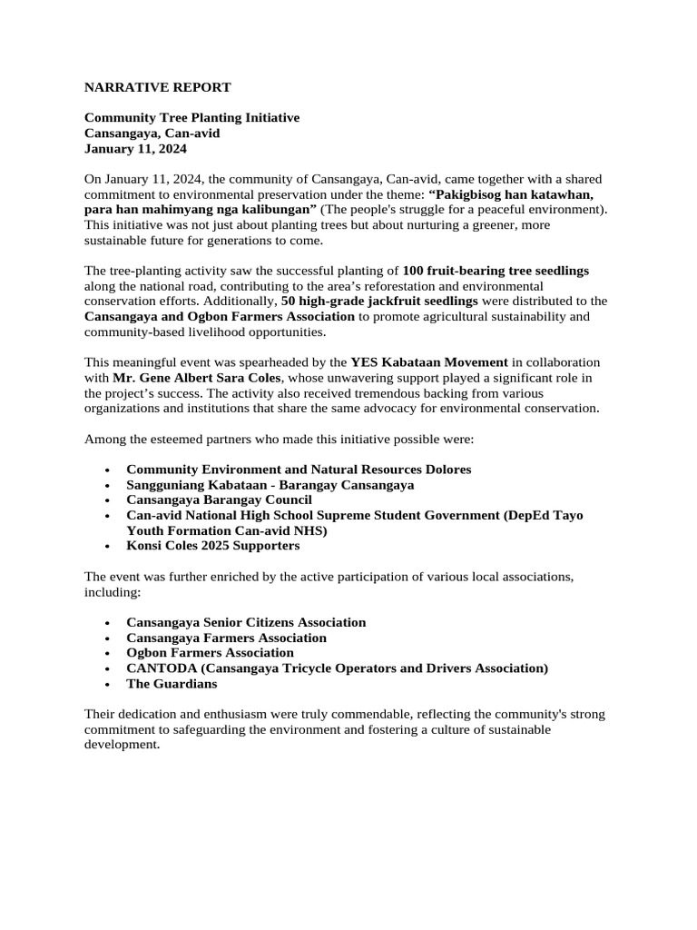 NARRATIVE REPORT Tree Planting (Cansangaya) | PDF | Sustainability ...