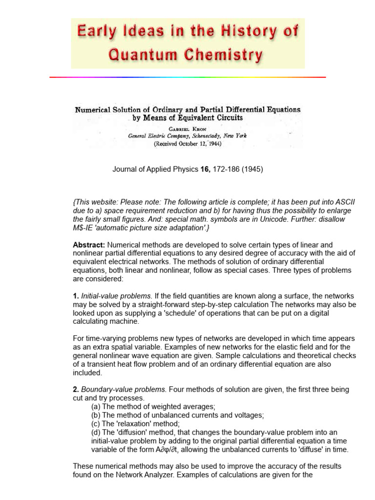 Gabriel Kron - Num. Sol'n of ODE's & PDE's by Means of Equvalent Circuits - Component of - Early ...