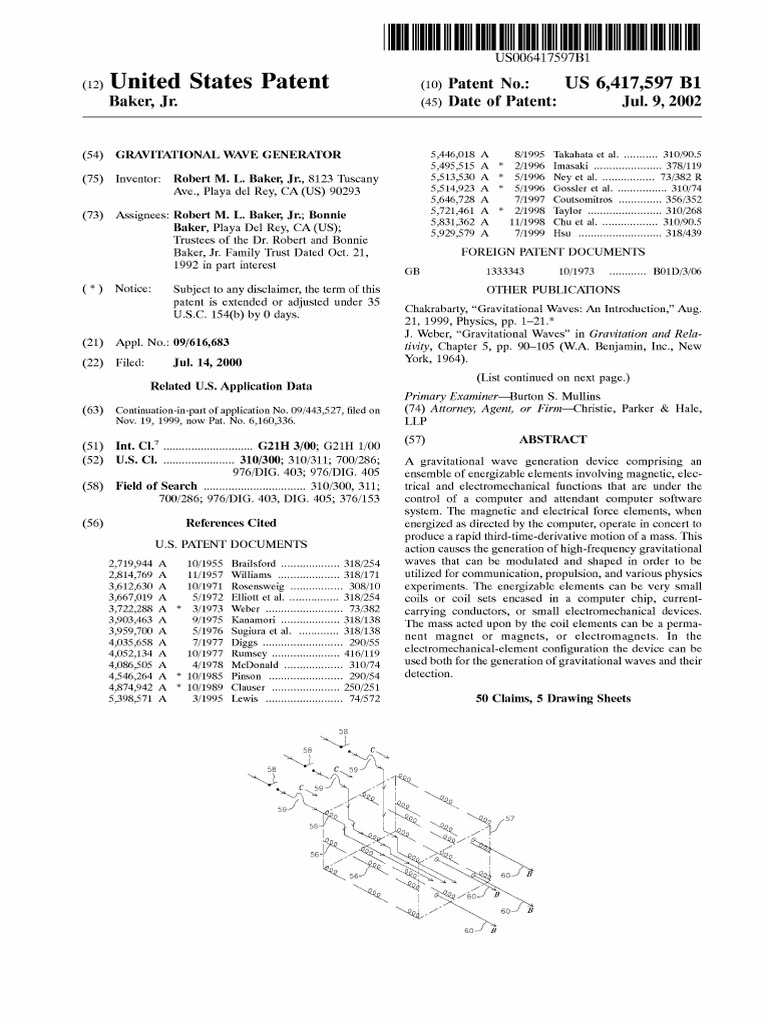 Bob Baker - 2000 - Gravitational Wave GeneratorUS6417597 | PDF ...