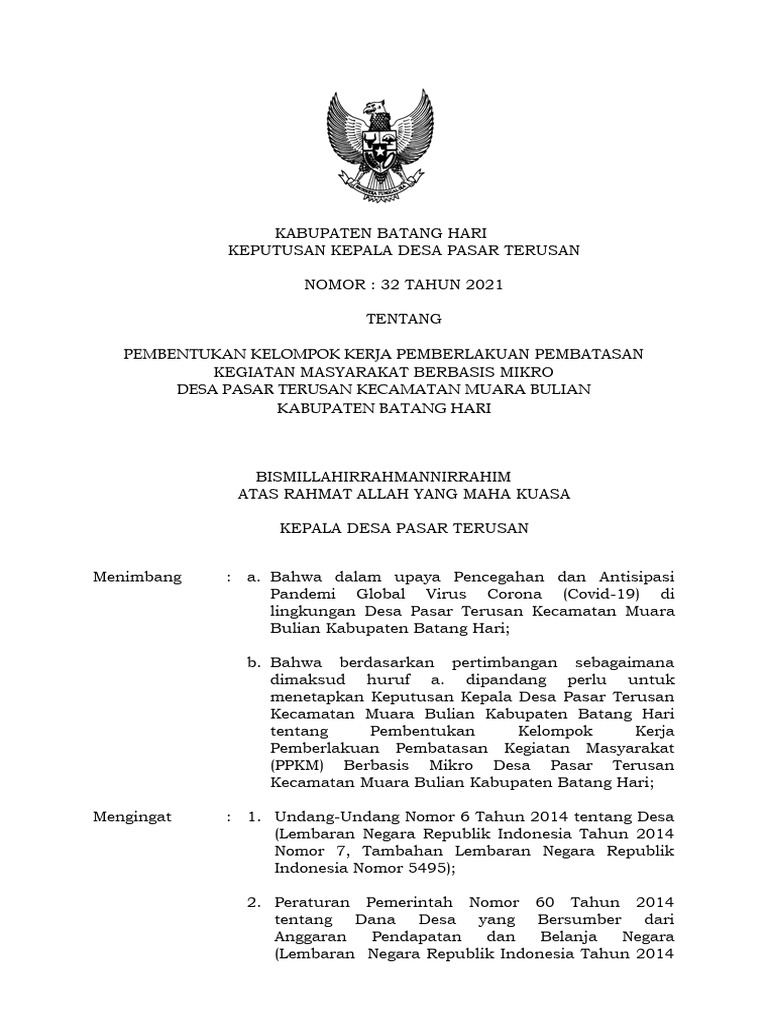 SK Kades tentang Pembentukan POKJA PPKM desa Pasar Terusan | PDF