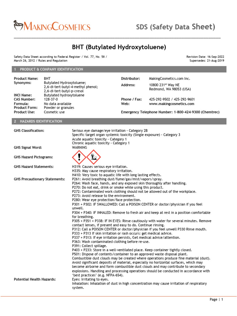 Sds BHT Butylated Hydroxy Toluene | PDF | Dangerous Goods | Combustion