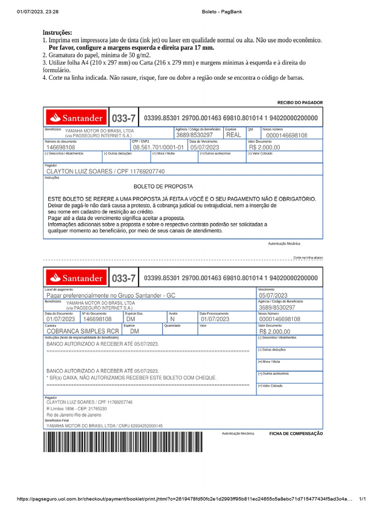 Boleto Yamaha R15 | PDF