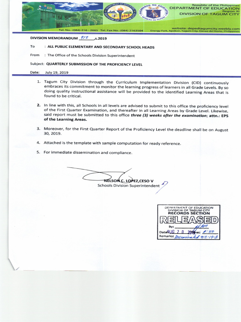 Dm912 08-20-19 Quarterly Submission of The Proficiency Level | PDF