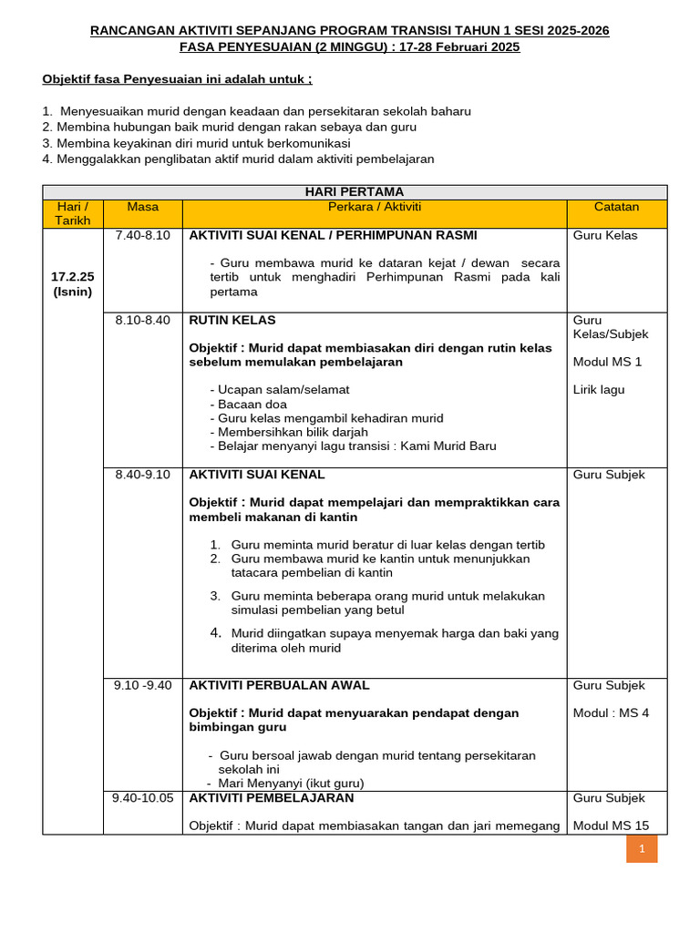 Contoh Jadual Penuh Transisi 2025 | PDF