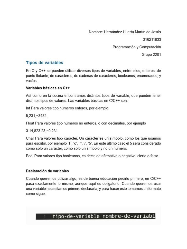 Tipos de Variables C++ | PDF | C ++ | Variable (informática)