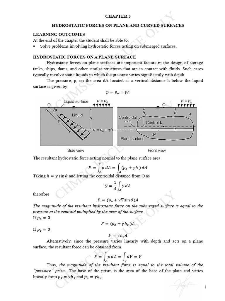 3 - Hydrostatic Forces on Submerged Surfaces | PDF | Pressure | Area