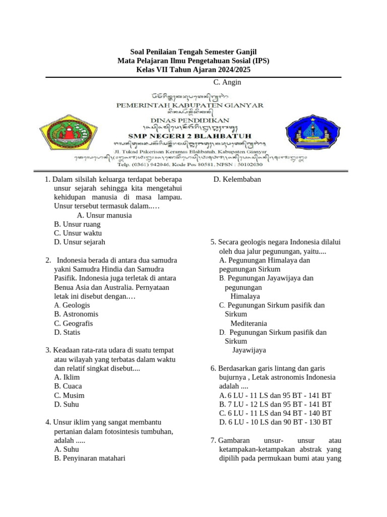 Soal PTS IPS Ganjil Kelas VII TA 2024-2025 | PDF
