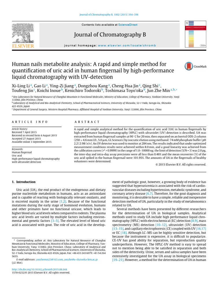 Human Nails Metabolite Analysis A Rapid and Simple Method For Quantification of Uric Acid in ...