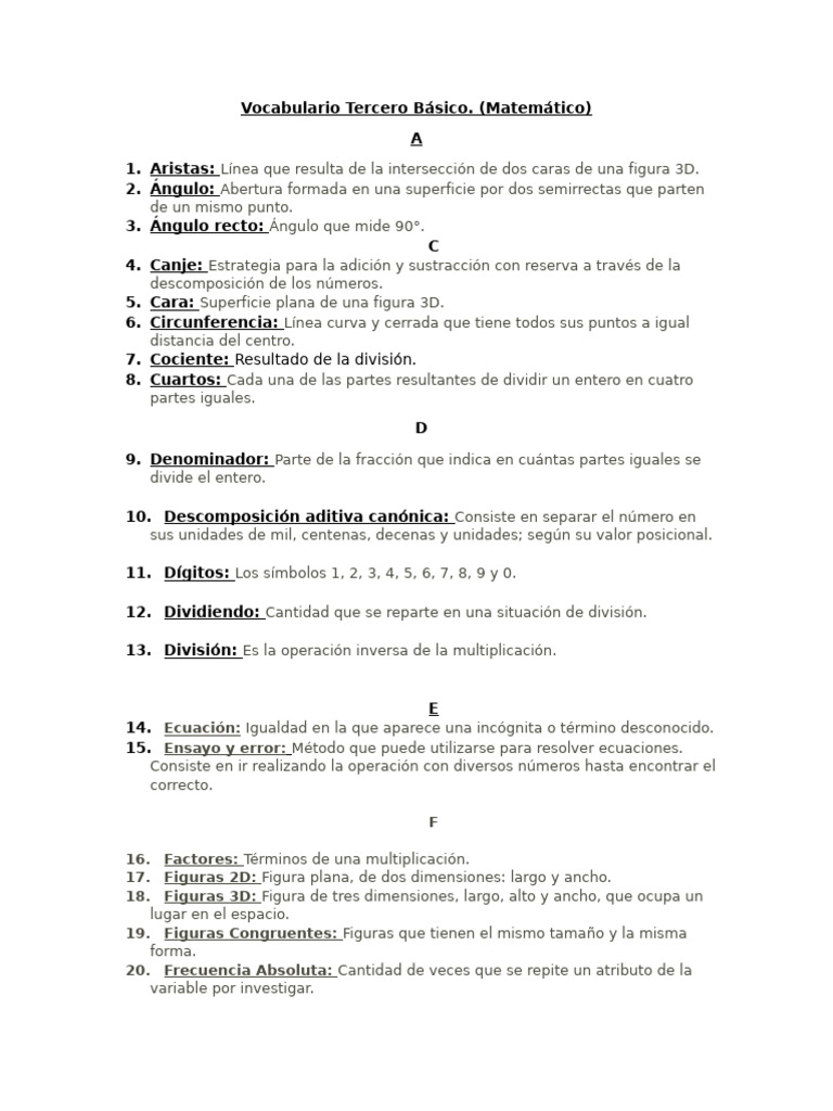 Vocabulario Matemático Tercero Básico | PDF | División (Matemáticas ...