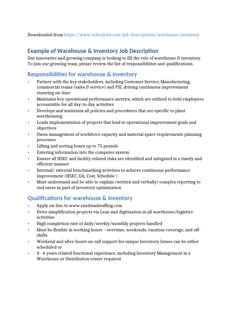 Warehouse & Inventory Job Description | PDF
