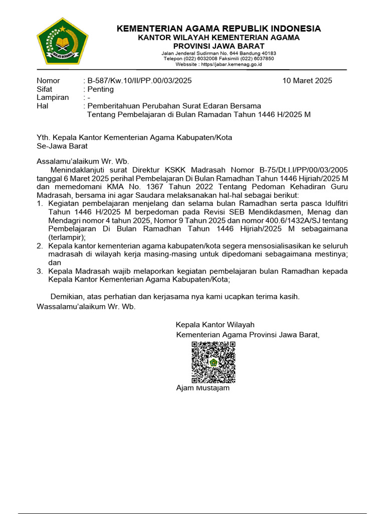 587 Pemberitahuan Perubahan Surat Edaran Bersama Tentang Pembelajaran di Bulan Ramadan Tahun ...