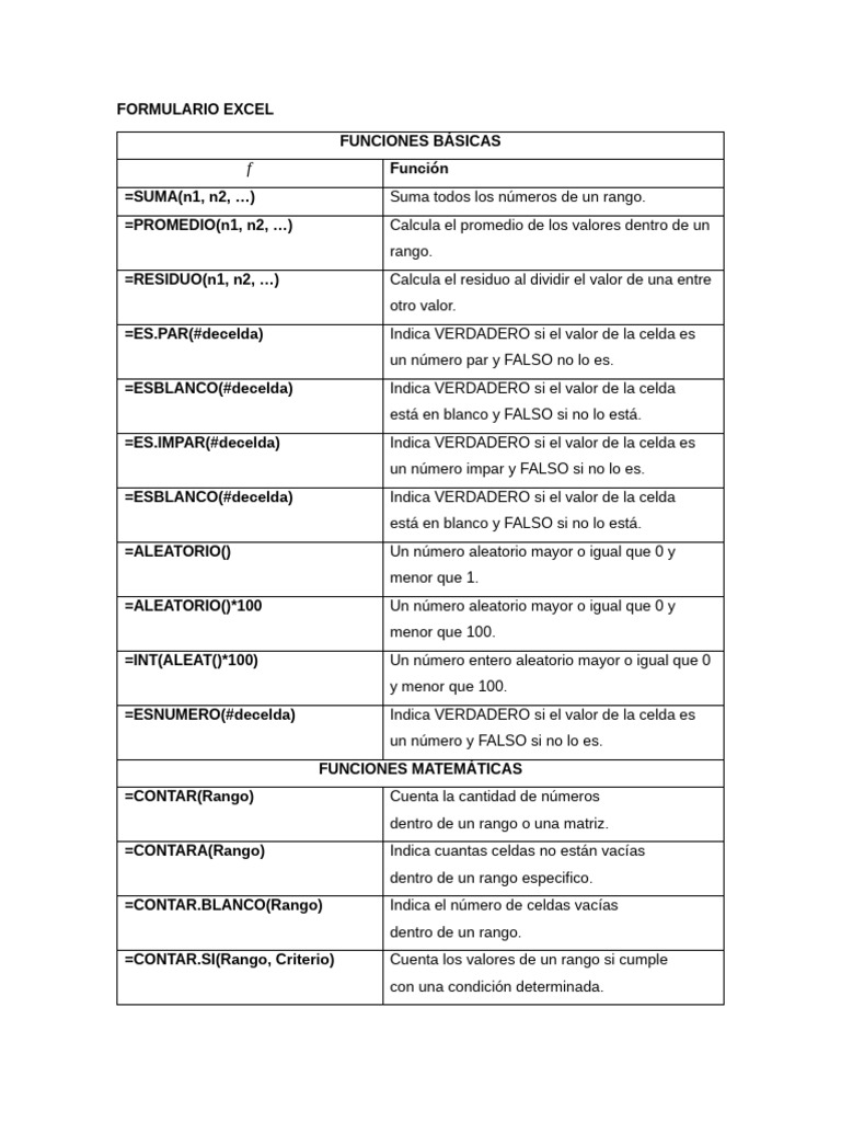 Formulario_Excel | PDF | Matriz (Matemáticas) | Matemáticas