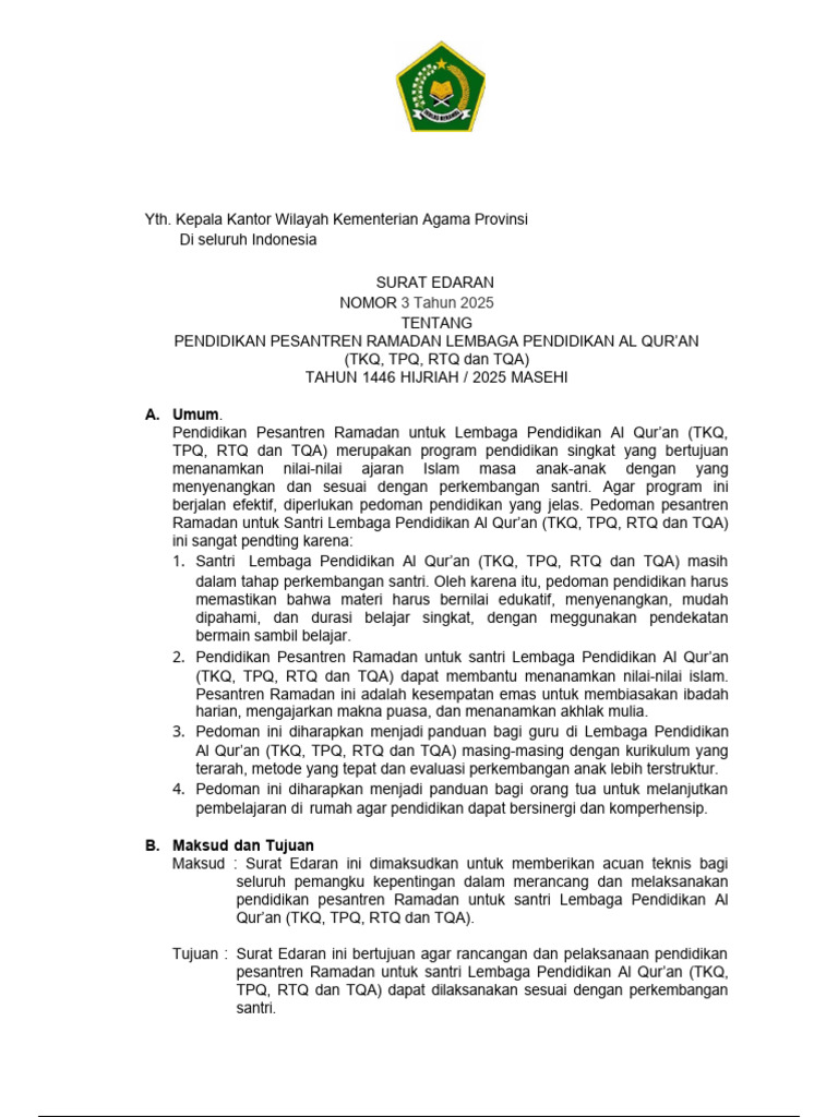 SURAT EDARAN TENTANG PENDIDIKAN PESANTREN RAMADAN LEMBAGA PENDIDIKAN AL QUR'AN (TKQ, TPQ, RTQ ...