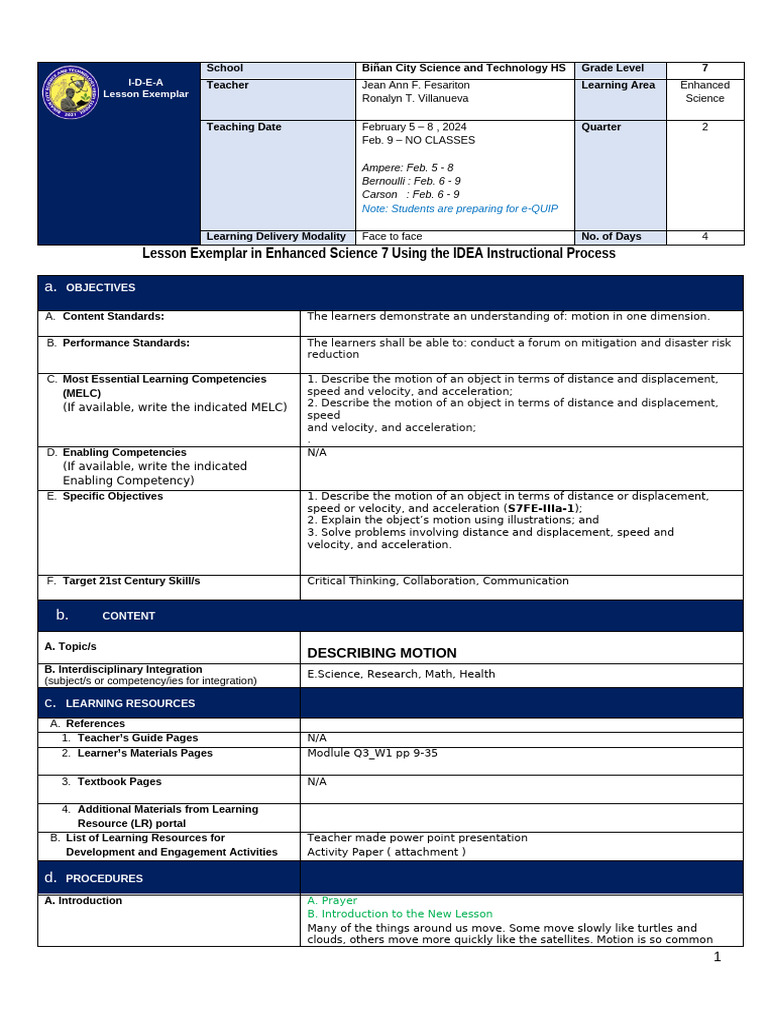 IDEA Lesson Exemplar E. SCIENCE 7 Feb. 5 9 2024 | PDF | Speed | Learning