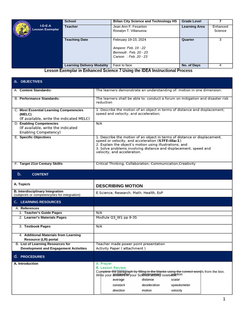 IDEA Lesson Exemplar E. SCIENCE 7 Feb. 19 23 2024 | PDF | Velocity | Speed