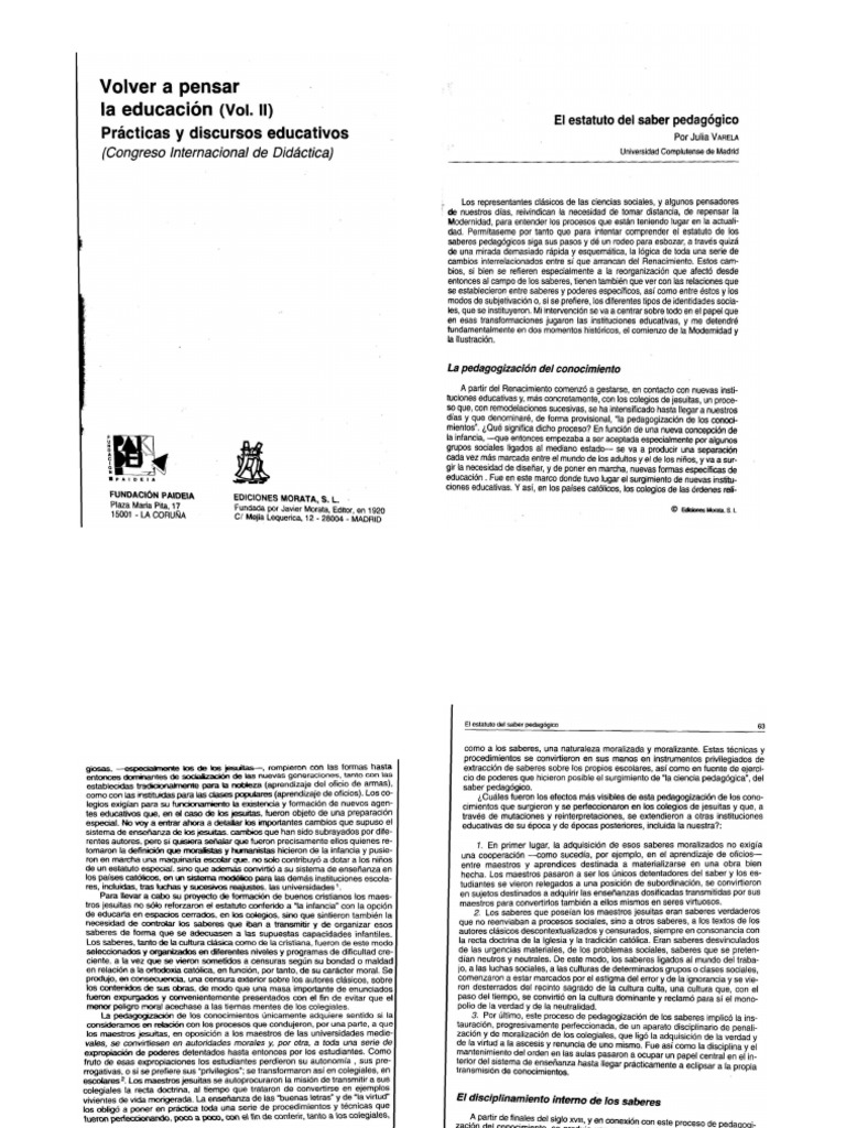 El estatuto del saber pedagógico - Julia Varela | PDF