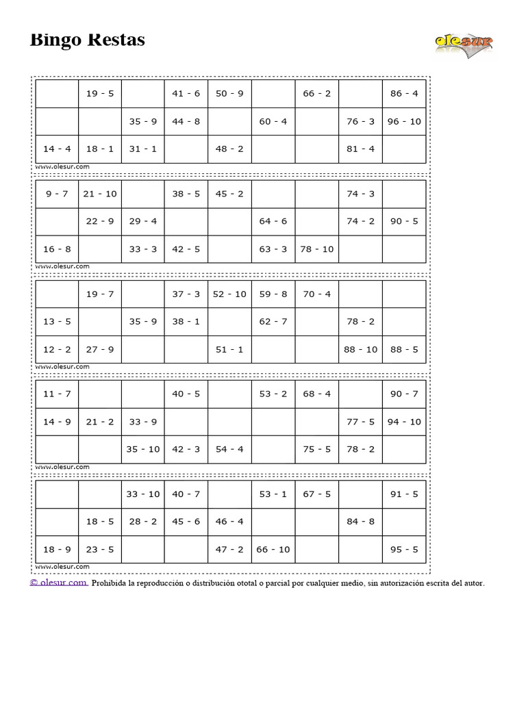 Bingo de Restas para Imprimir | PDF