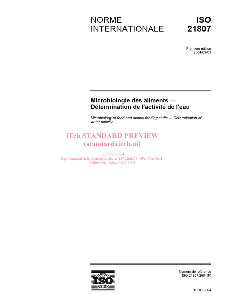 Norme ISO 21807: Activité de l'eau | PDF | Organisation internationale ...