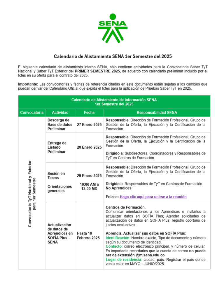 Calendario Alistamiento SENA 2025 | PDF